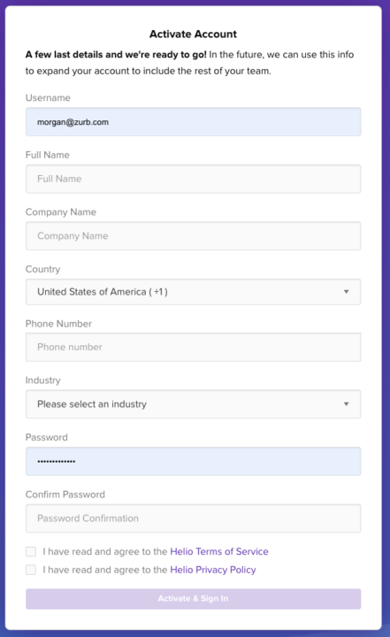 Sign Up for an Account - Helio
